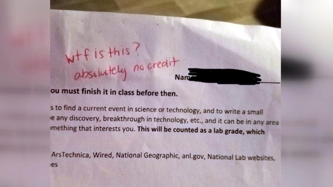 Bad Grade: Teacher writes 'WTF' on student's homework | wgrz.com