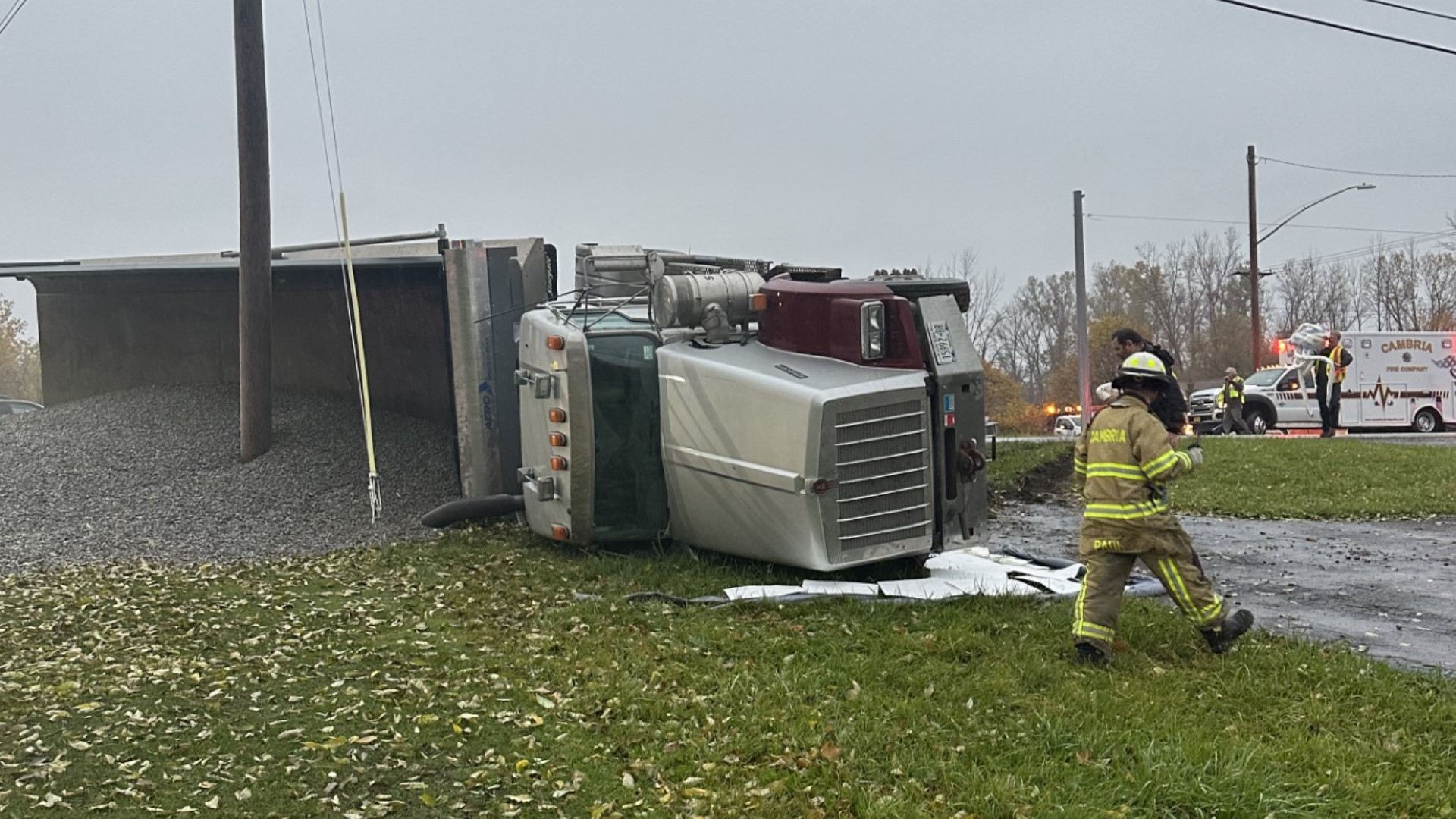 Tractor trailer tips over and spills stone all over road | wgrz.com