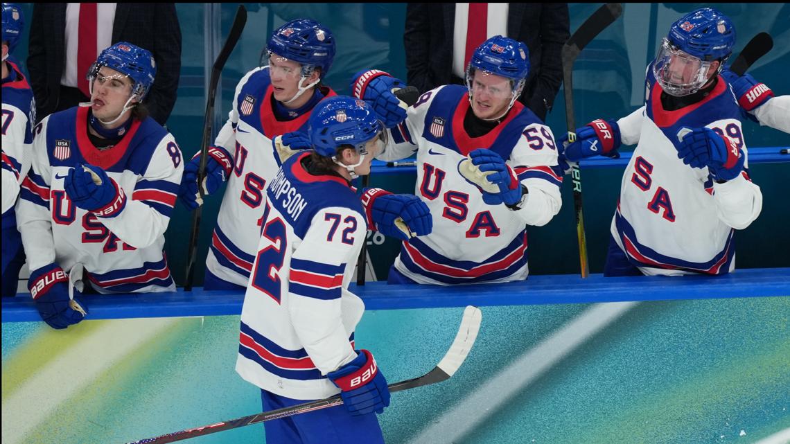 Tage Thompson scores a goal before leaving Team USA's semifinal victory ...