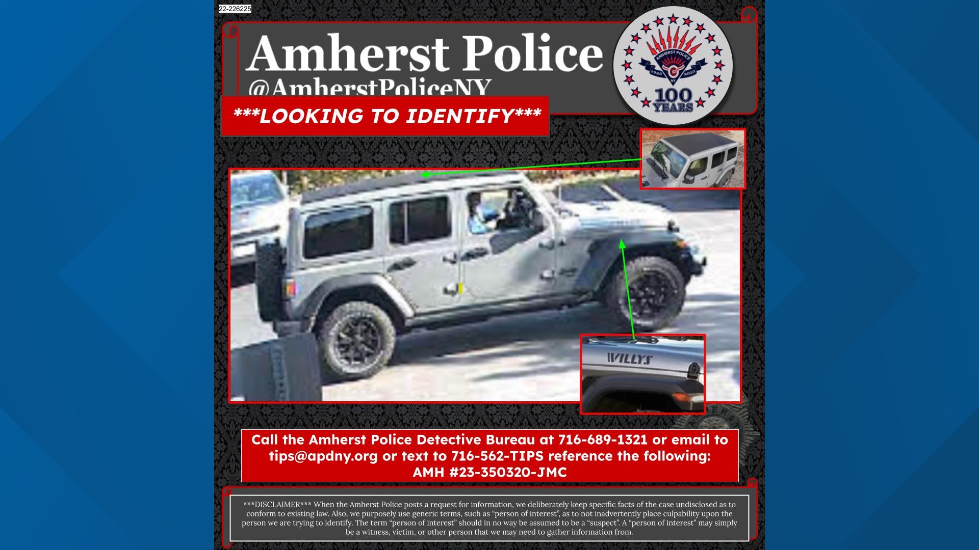 Amherst Police Department Looking For Occupants Of Grey Jeep Wrangler