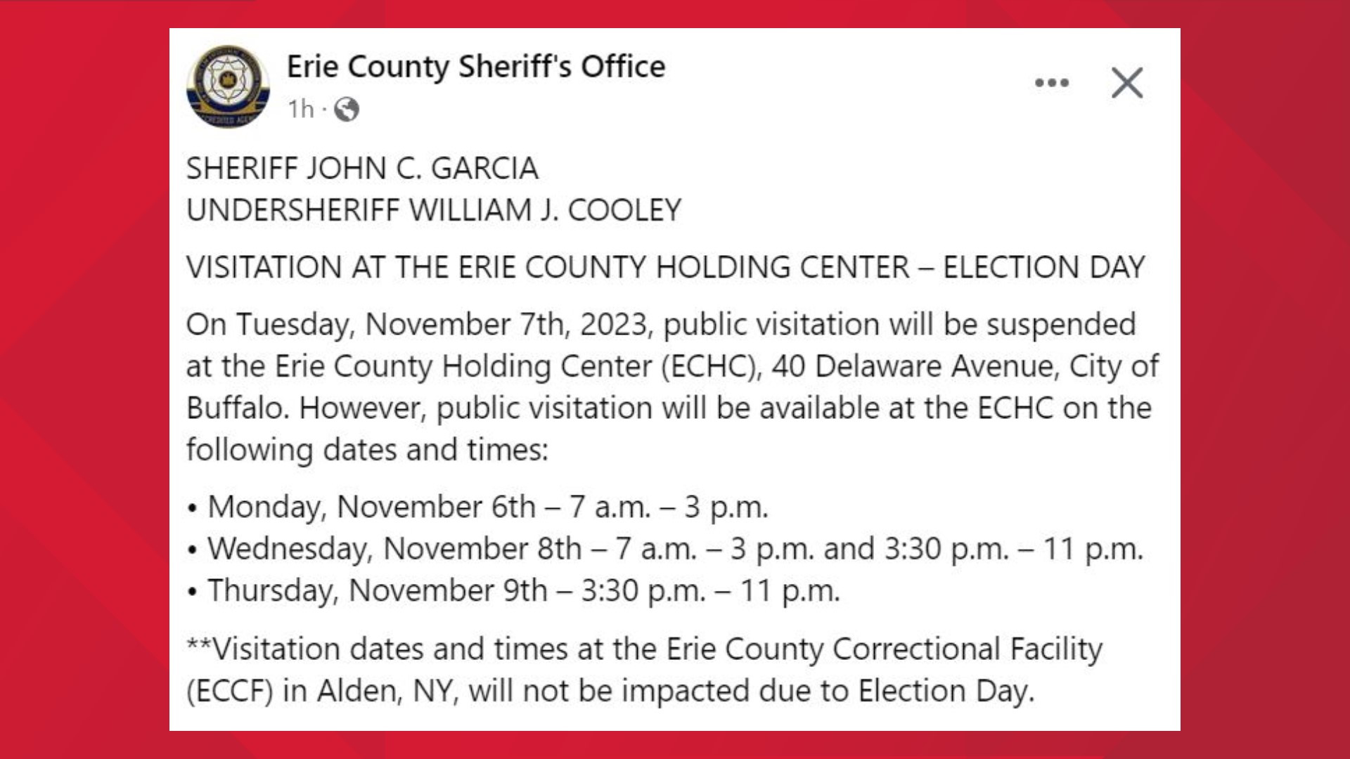 Erie County Sheriff ECHC public visitation suspended | wgrz.com